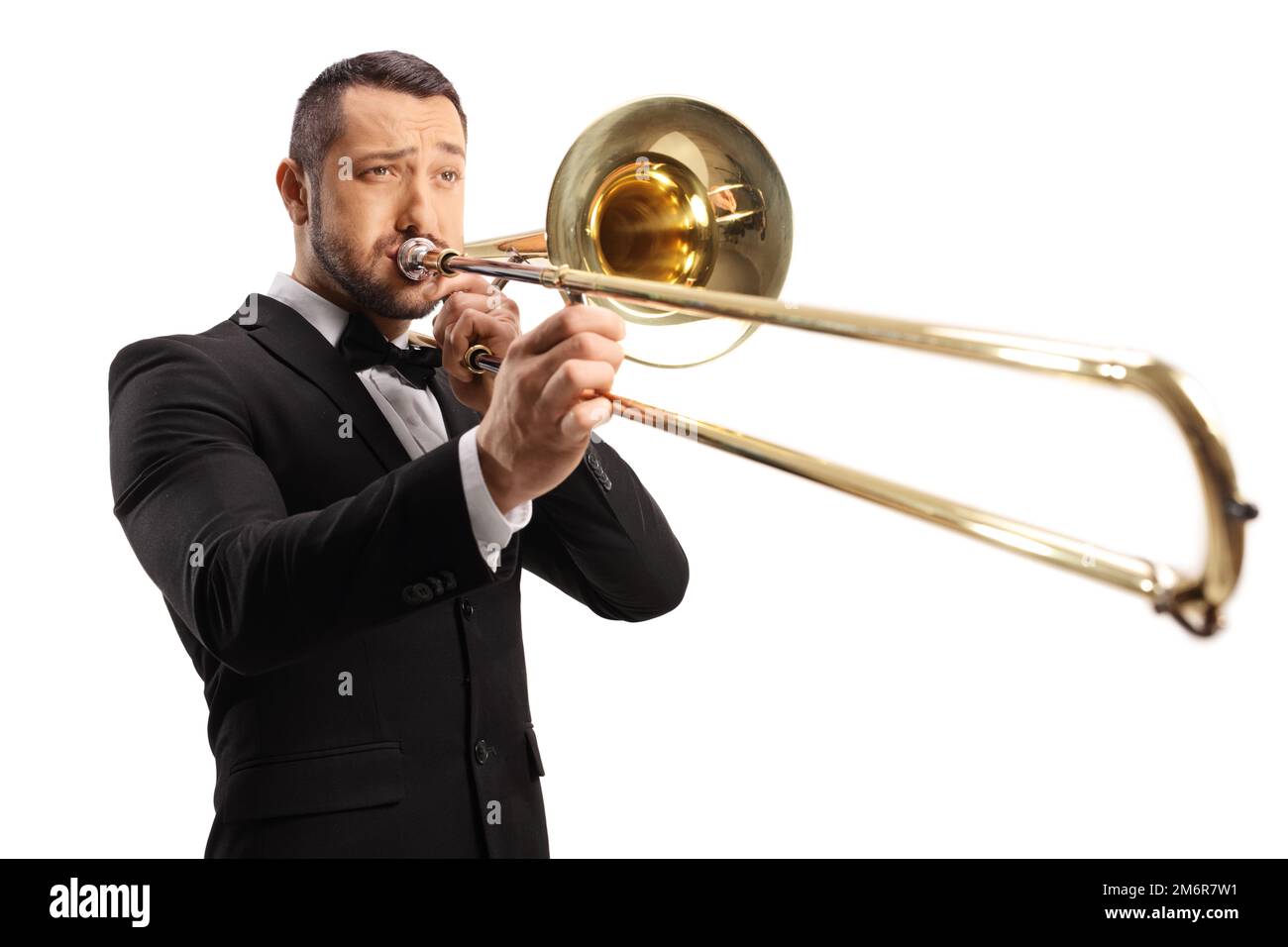 Young man playing a trombone isolated on white background Stock Photo ...