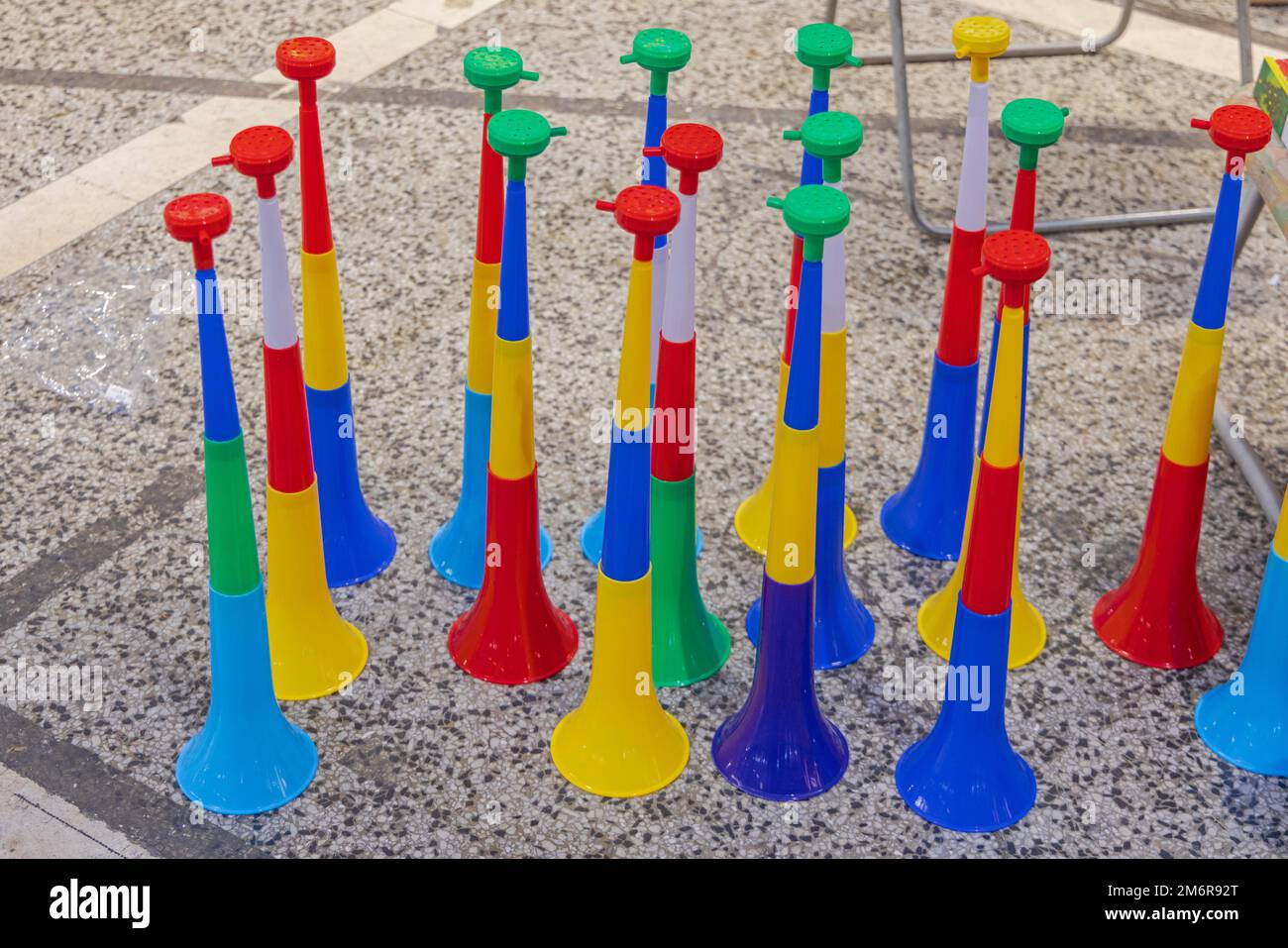 New Long Plastic Vuvuzela Horn for Sale at Floor Stock Photo - Alamy