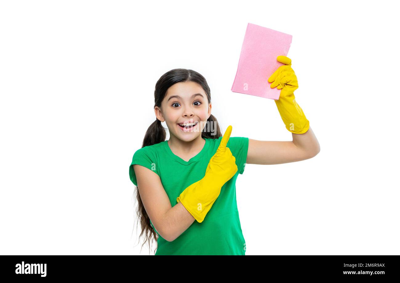 girl cleaner do chores on background. point finger on duster. photo of ...