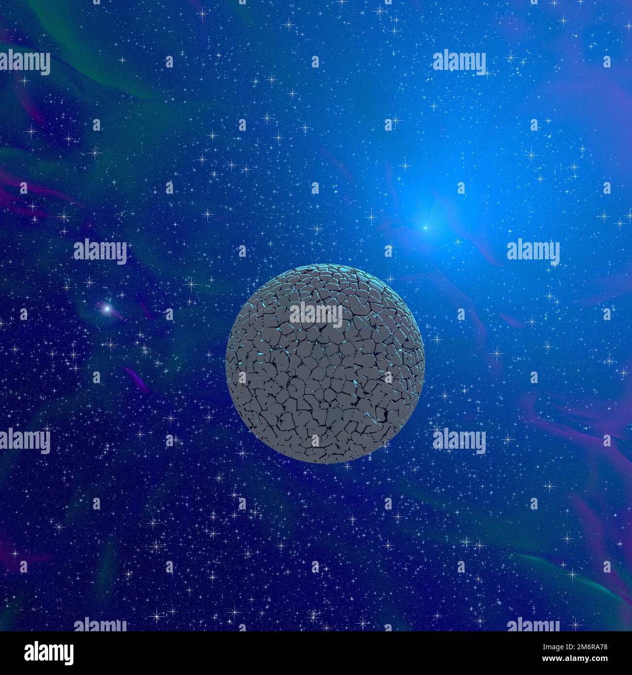 Cracked planet orbiting in blue interstellar space - 3d rendered ...