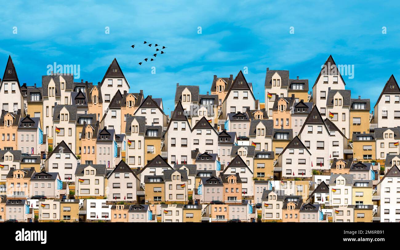 Collage with city buildings against a background of blue sky and a ...