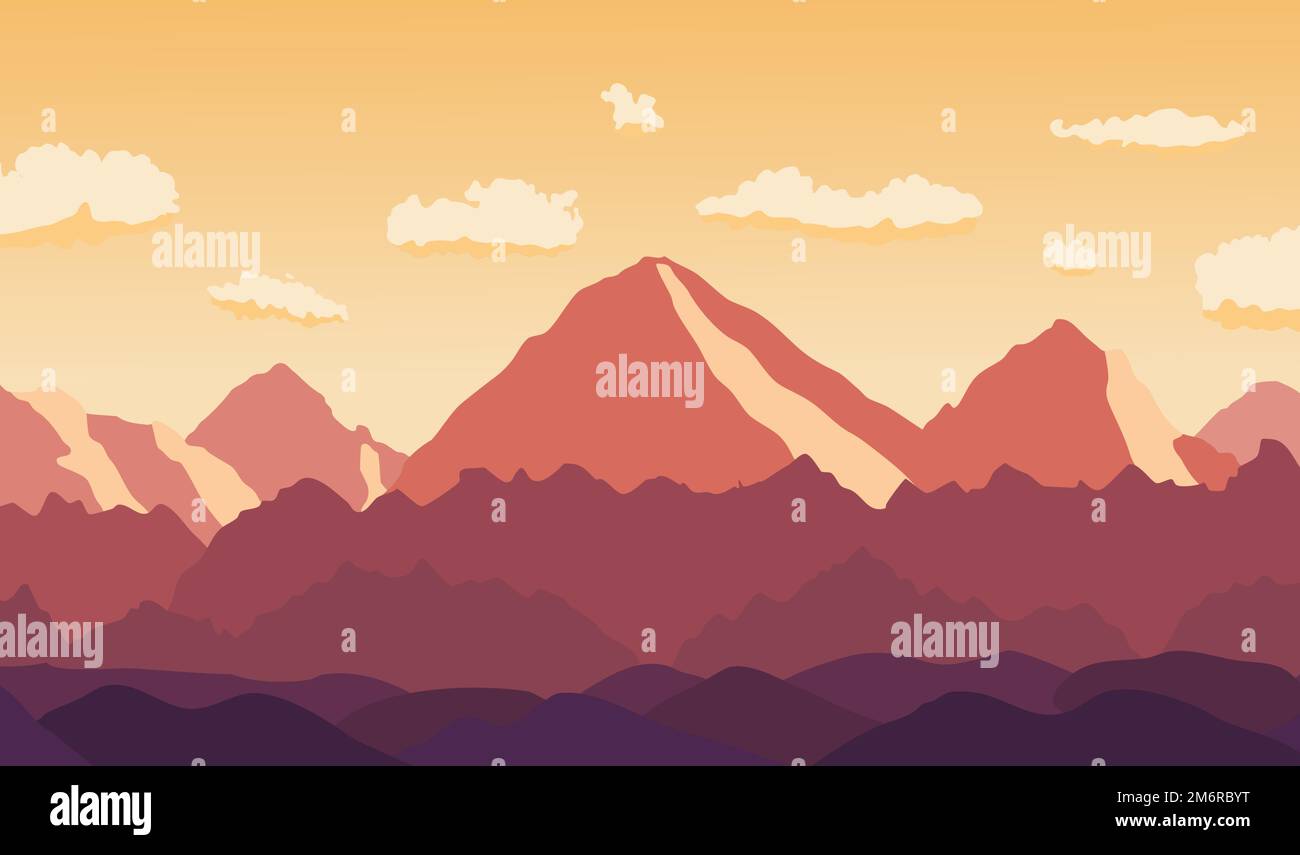 Mountain sunset. Vector landscape - Pyrenees in Spain. Beautiful red ...