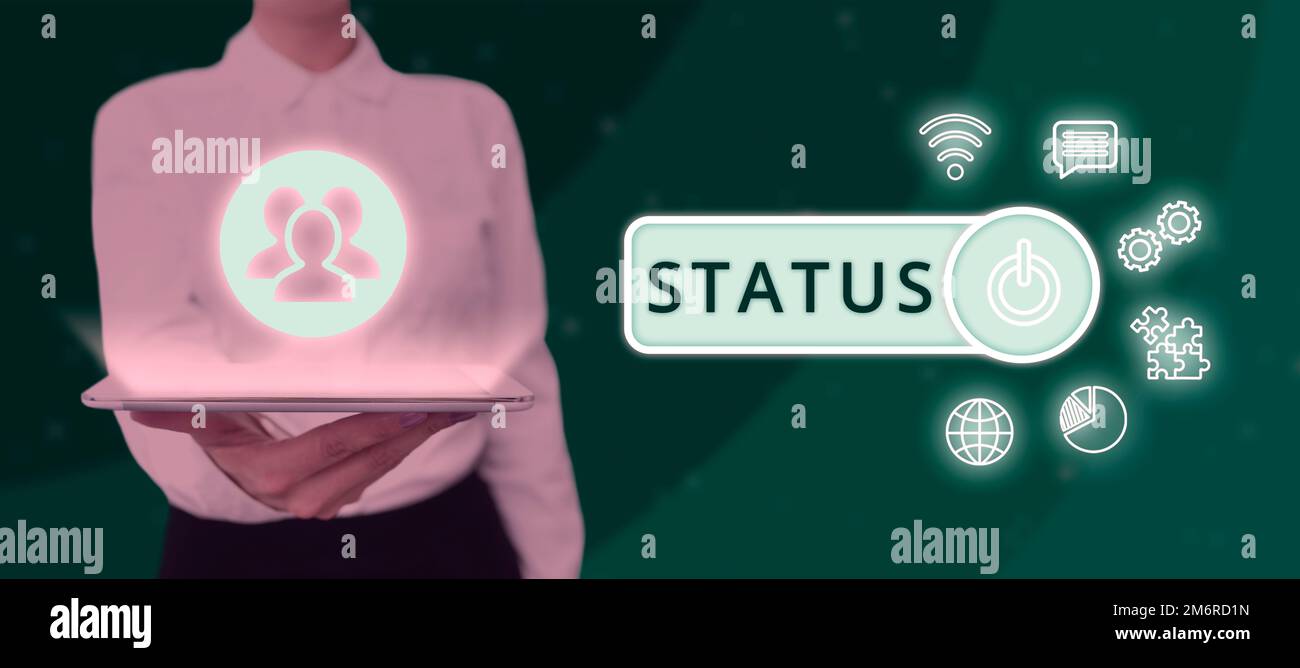 Hand writing sign Status. Business showcase situation at a particular ...