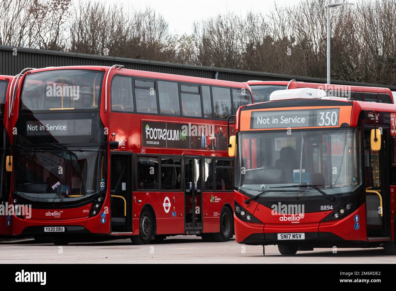 London, UK. 5th January, 2023. Out-of-service buses are pictured parked ...