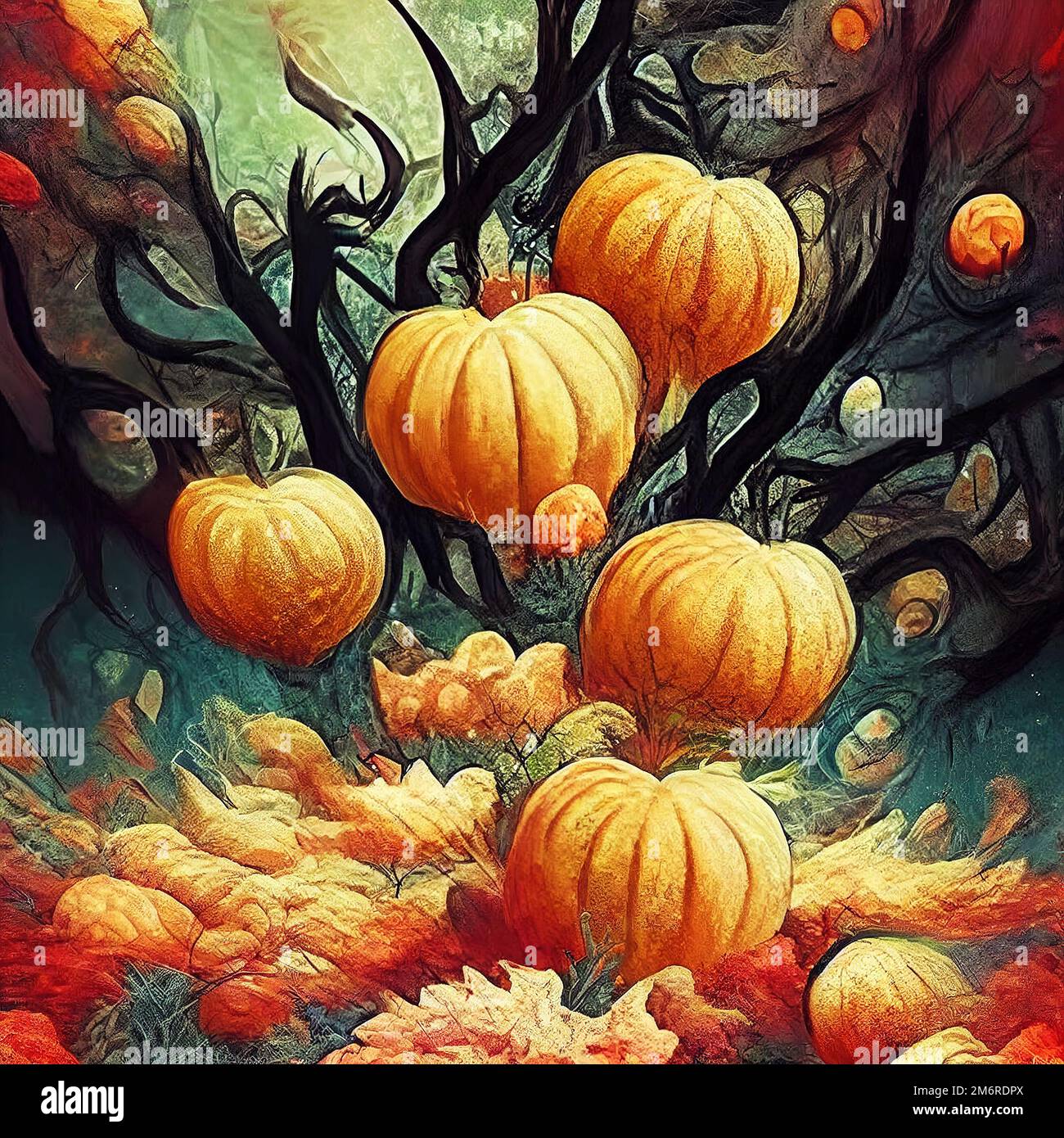 Autumn pumpkins in gloomy trees. Illustration with autumn red pumpkins ...