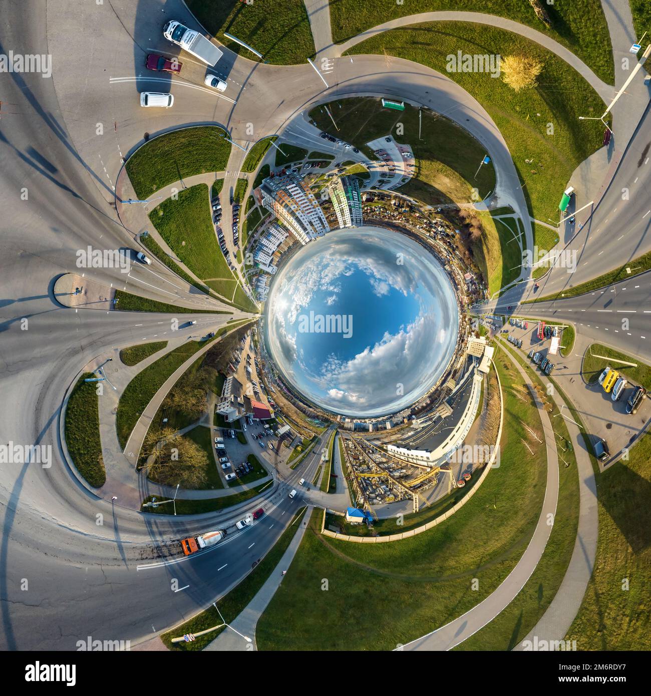blue sphere inside overlooking old town, urban development, historic ...