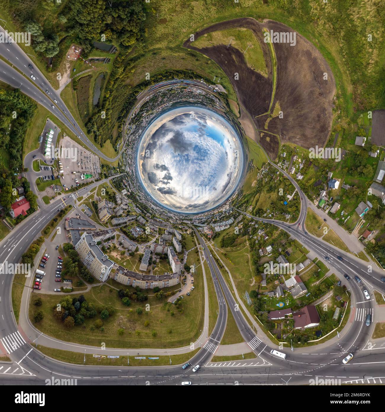 blue sphere inside overlooking old town, urban development, historic ...
