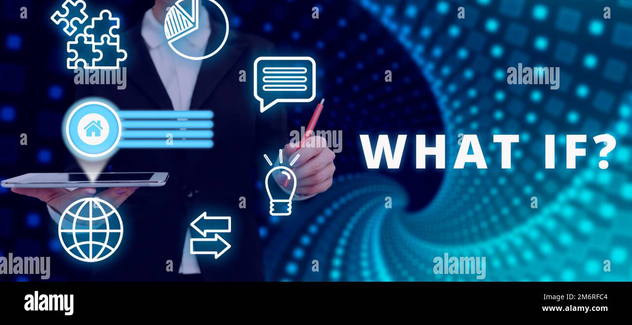 Inspiration showing sign What If. Business overview Study all possibilities Imagine something ...