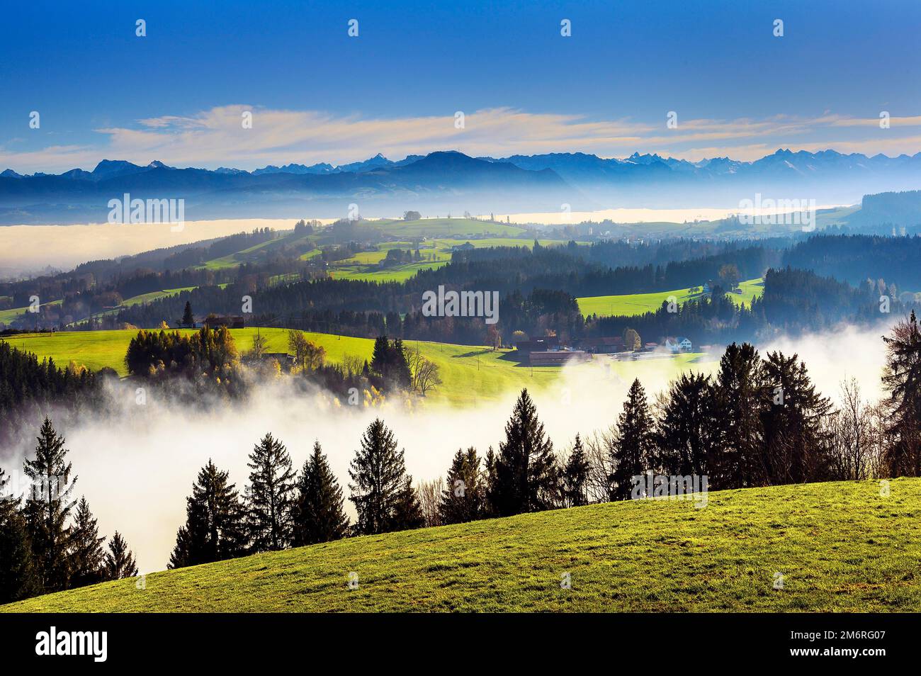View from Blender near Kempten, Alpine panorama with fog bank, in the ...