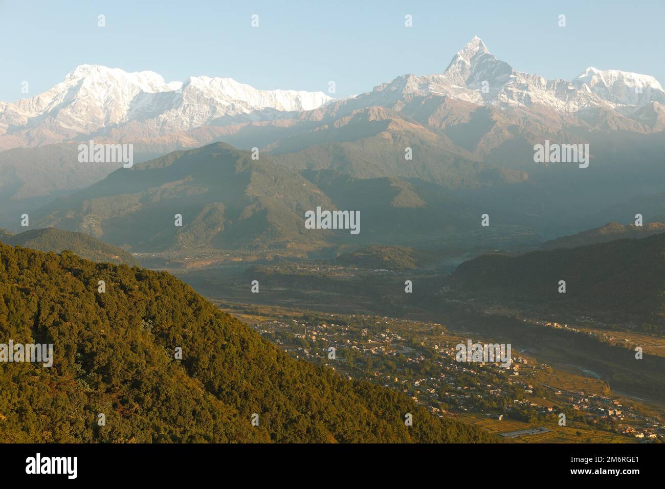 View of the Annapurna mountain range in the Himalayas from Sarangkot ...