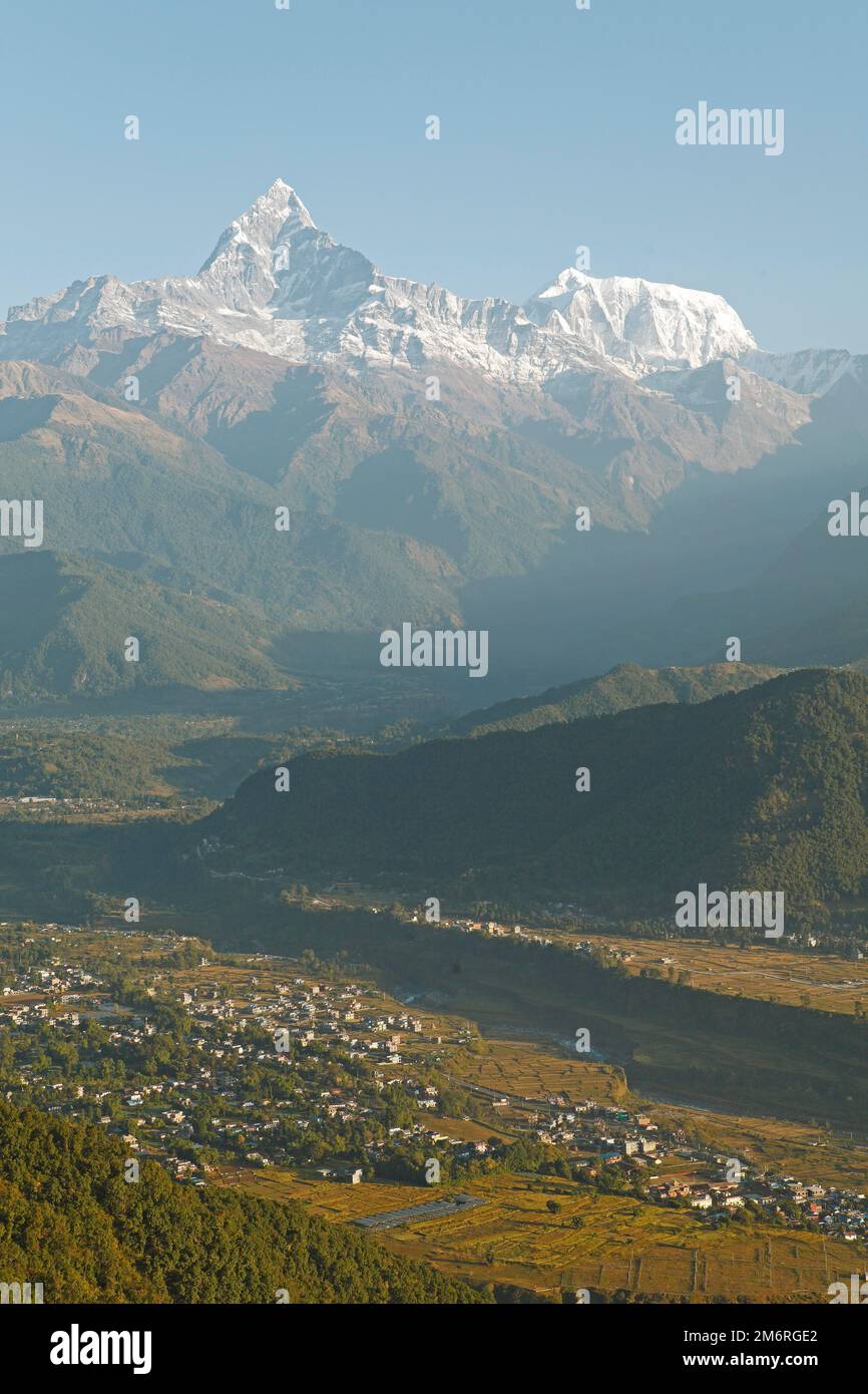 View of the Annapurna mountain range in the Himalayas from Sarangkot ...