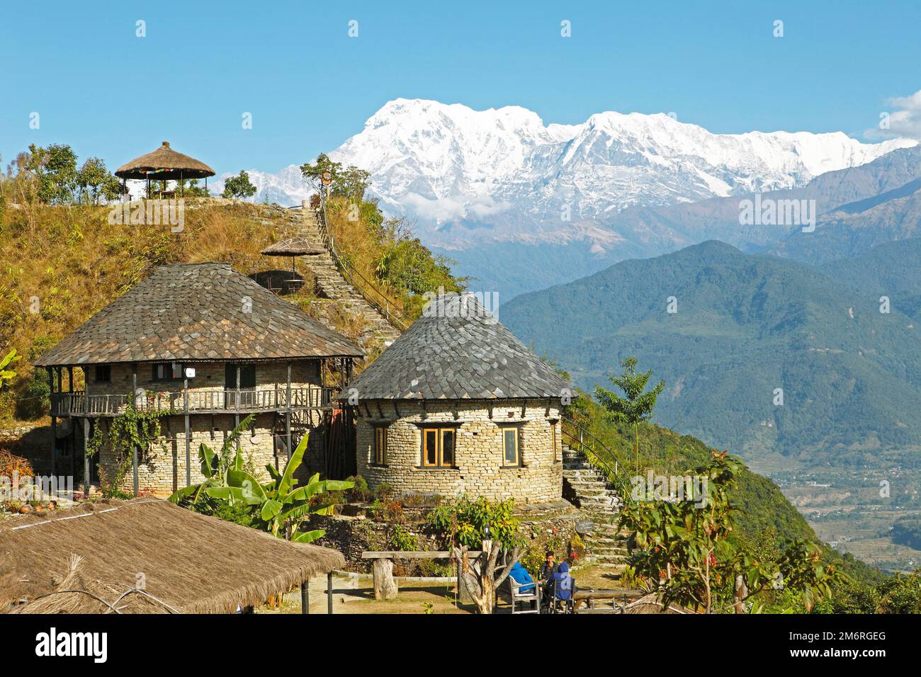 Traditional mountain village around Sarangkot, with the Annapurna ...