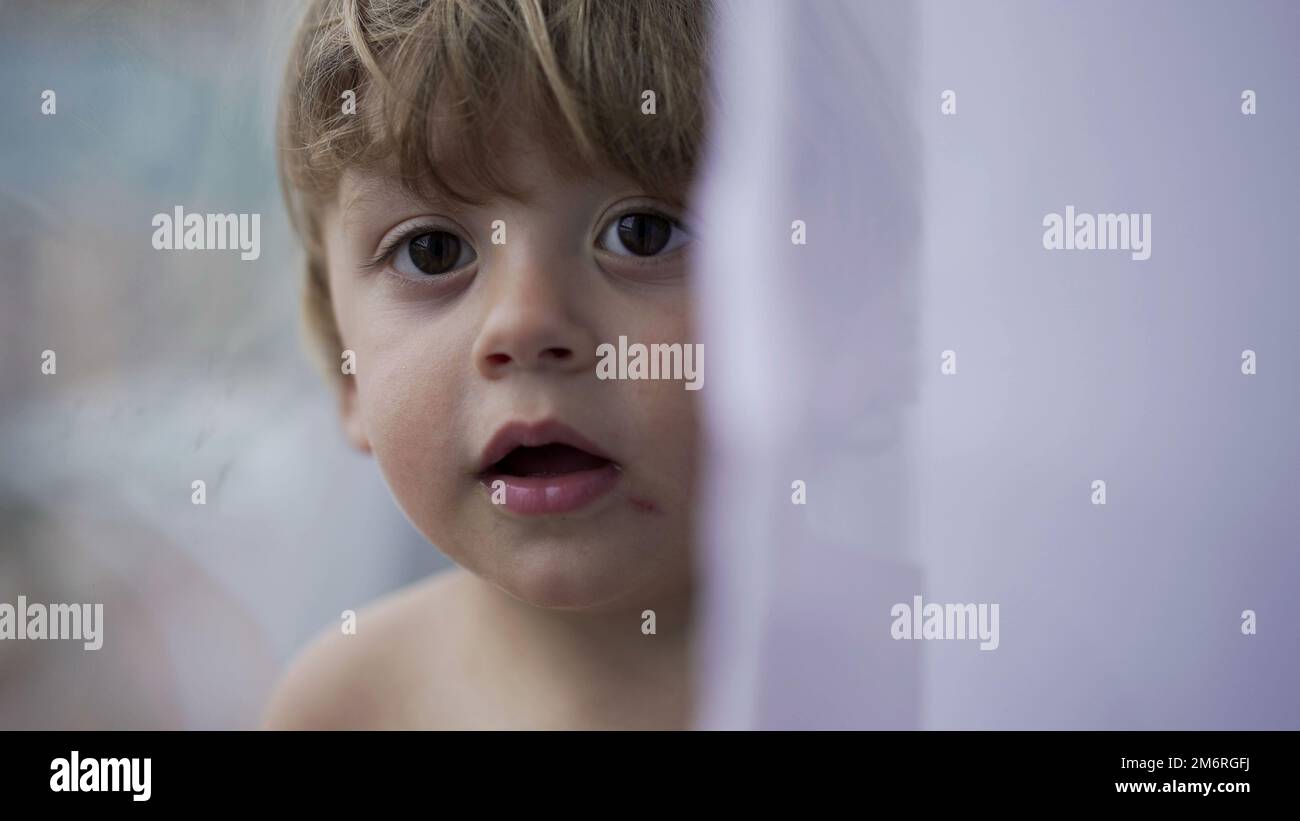 Adorable two year old toddler boy staring camera behind curtain Stock ...