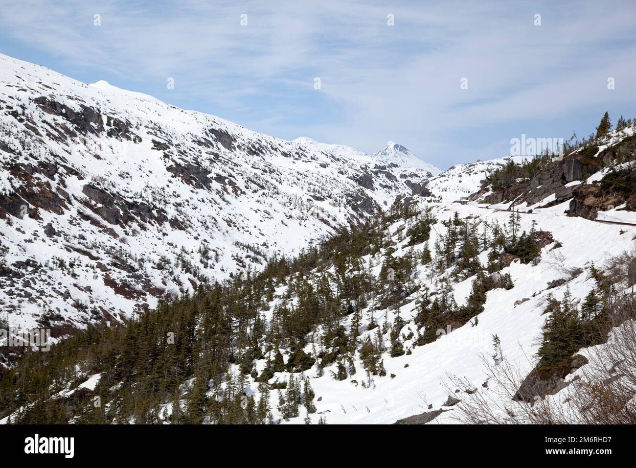 The scenic view of a railroad leading through White Pass, the Boundary ...
