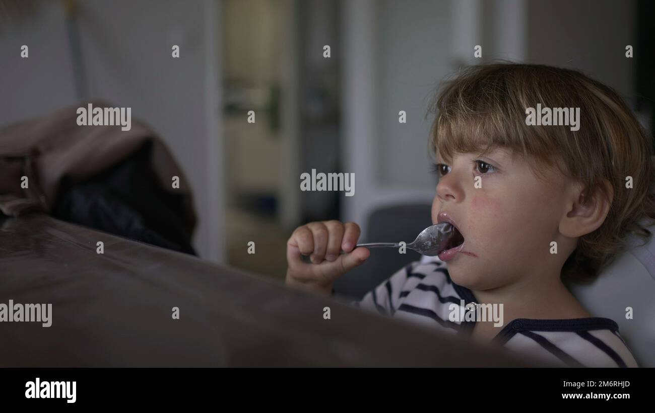 Child eating breakfast while watching cartoon at table in front of ...