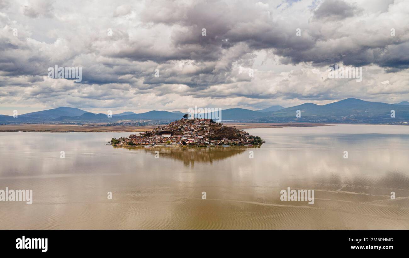 Aerial of the Janitzio island on lake Lake Patzcuaro, Michoacan, Mexico ...
