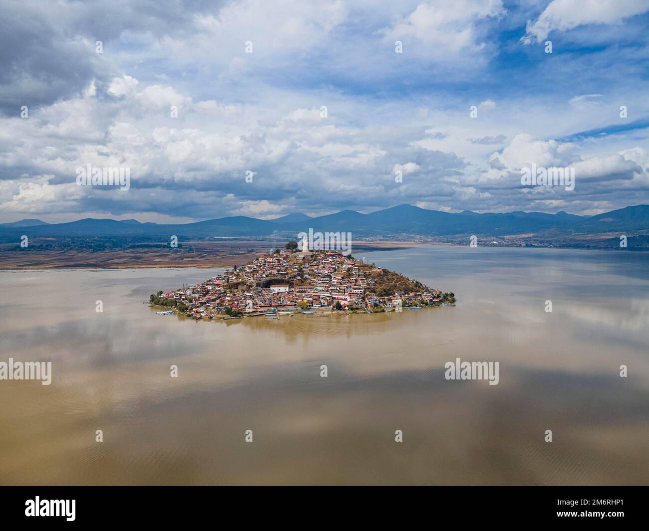 Aerial of the Janitzio island on lake Lake Patzcuaro, Michoacan, Mexico ...