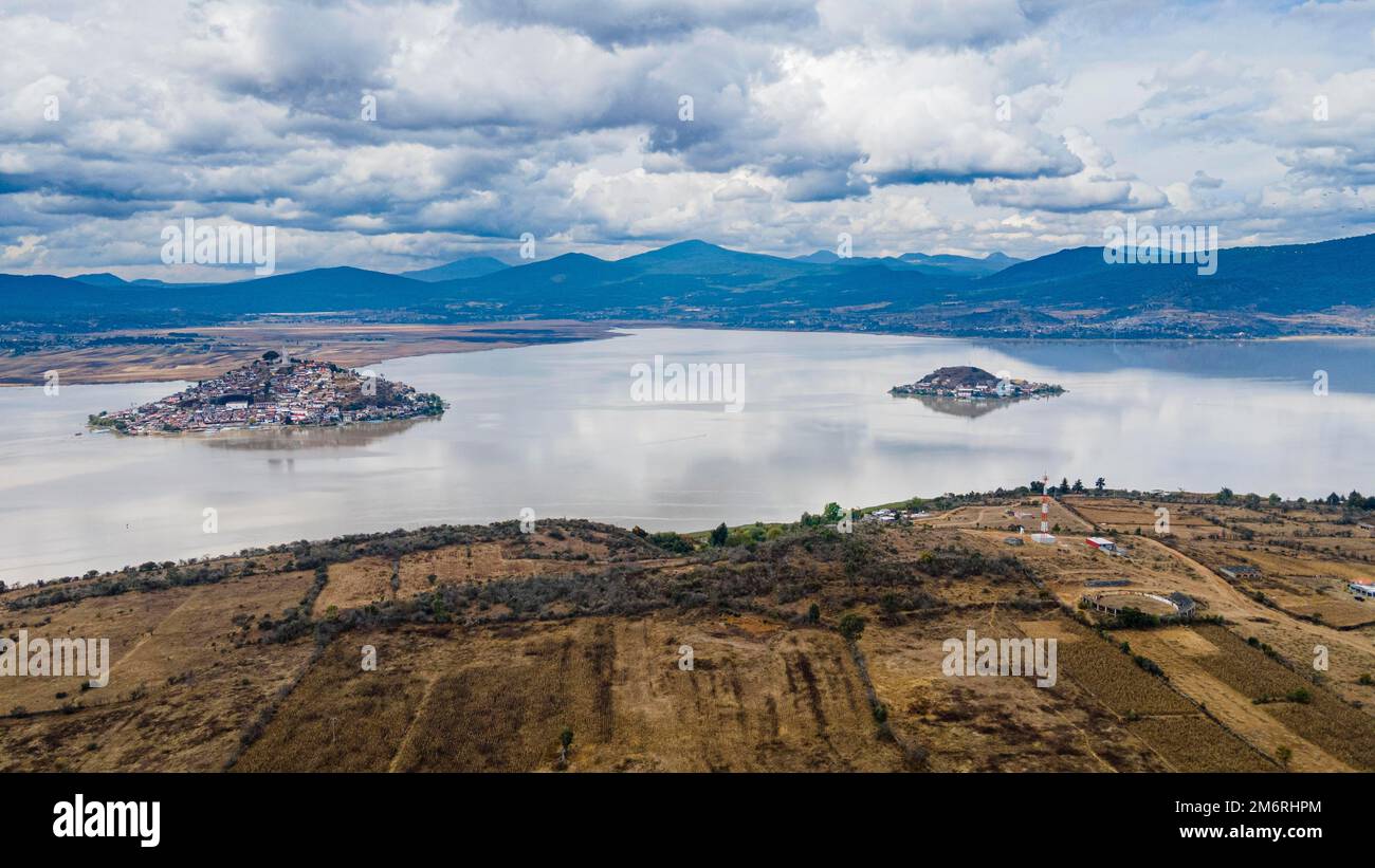 Aerial of the Janitzio island on lake Lake Patzcuaro, Michoacan, Mexico ...