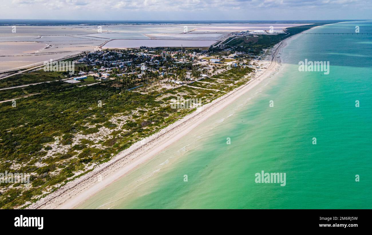 Aerial of the white sand beach and turquoise waters of Las Coloradas ...
