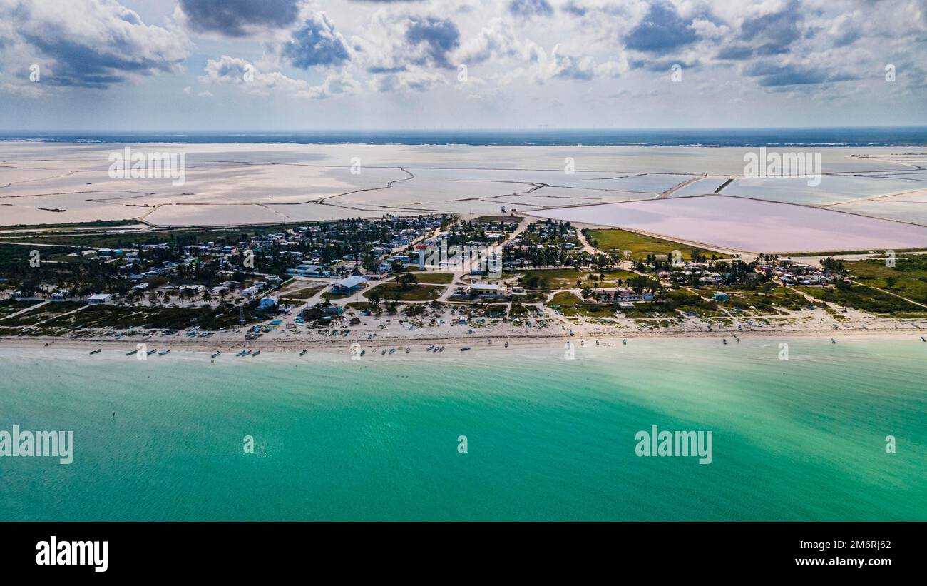 Aerial of the white sand beach and turquoise waters of Las Coloradas ...