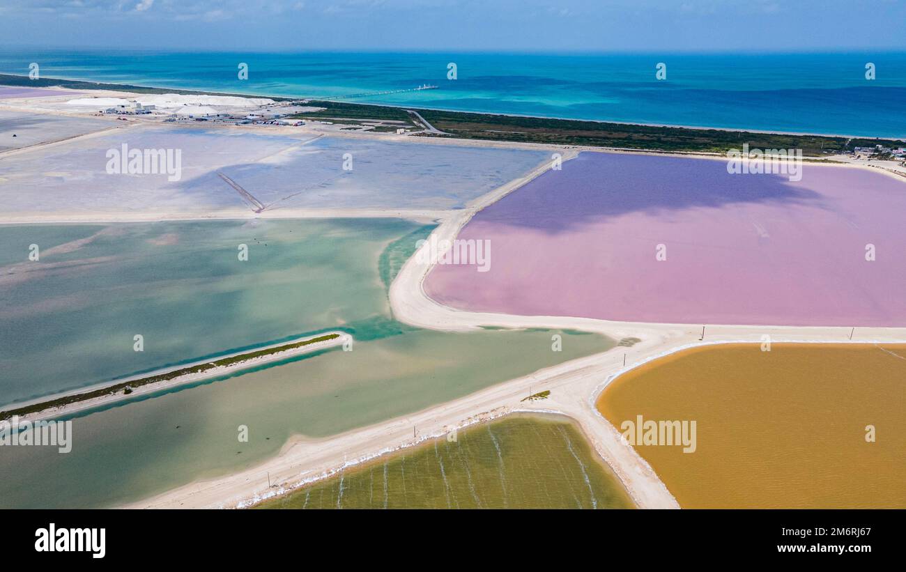 Aerial of the colourful salinas of Las Coloradas, Yucatan, Mexico Stock ...