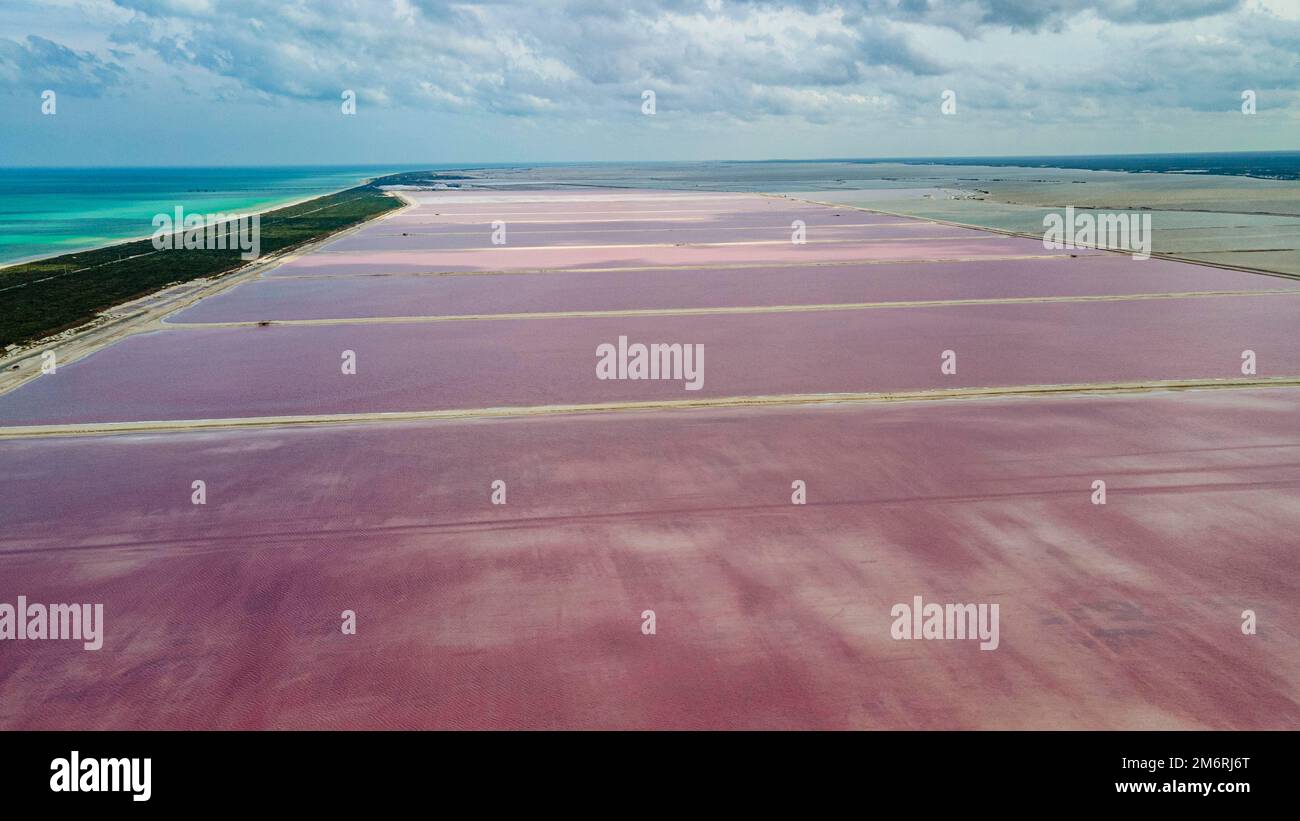 Aerial of the colourful salinas of Las Coloradas, Yucatan, Mexico Stock ...