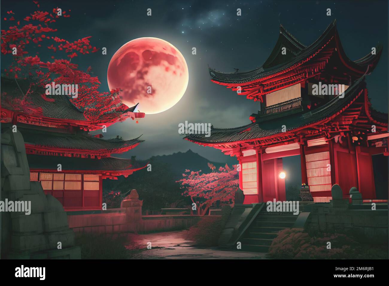 In the dark night, Chinese ancient buildings are illuminated by a full ...