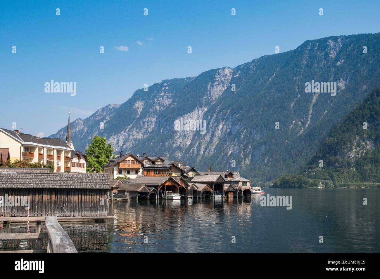 Hallstatt village on Lake Hallstatt's western shore in Austria's ...