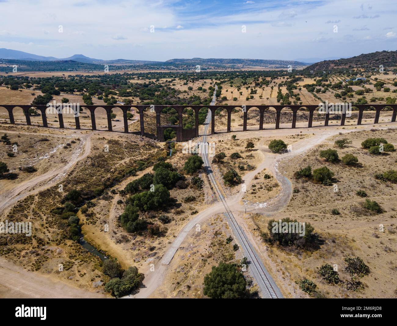 Aerial of the Unesco site, Aqueduct of Padre Tembleque, Mexico state ...
