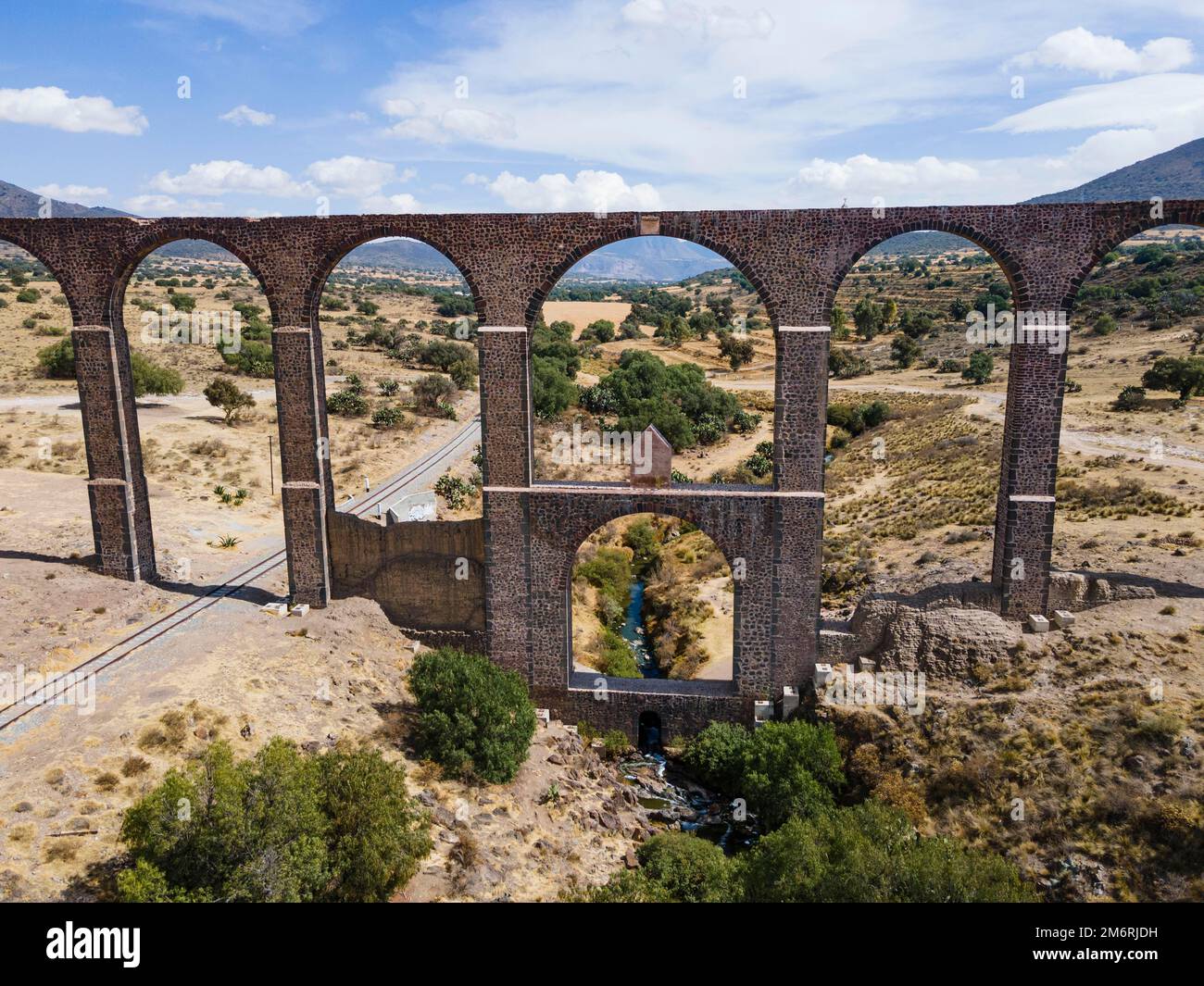 Aerial of the Unesco site, Aqueduct of Padre Tembleque, Mexico state ...