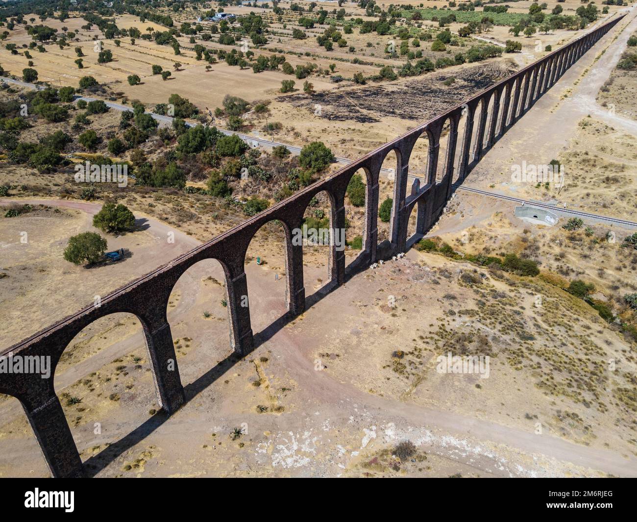 Aerial of the Unesco site, Aqueduct of Padre Tembleque, Mexico state ...