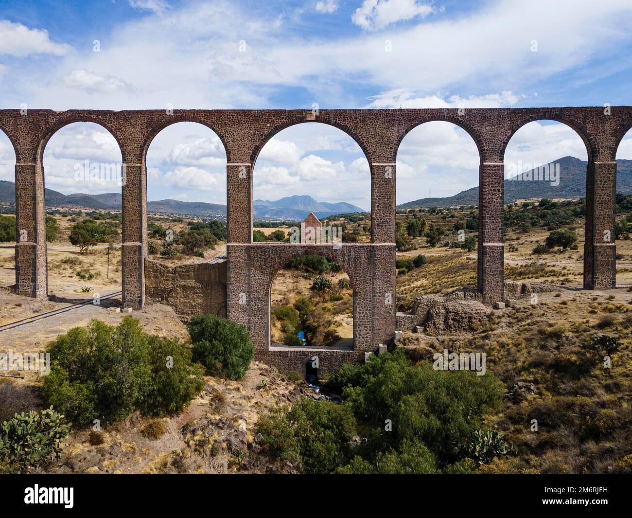 Aerial of the Unesco site, Aqueduct of Padre Tembleque, Mexico state ...