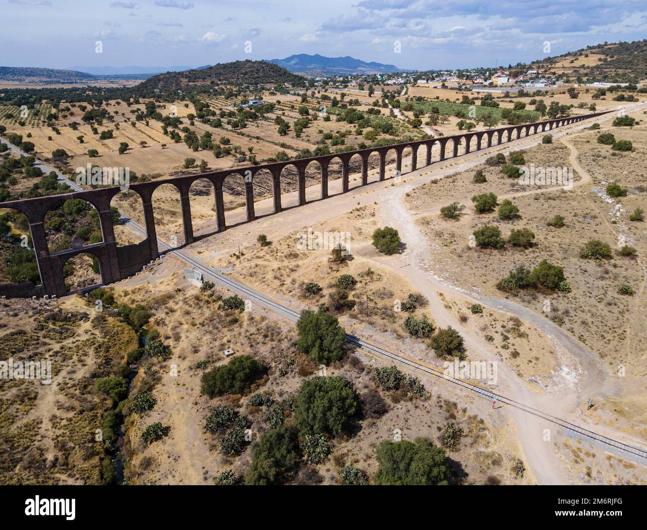 Aerial of the Unesco site, Aqueduct of Padre Tembleque, Mexico state ...