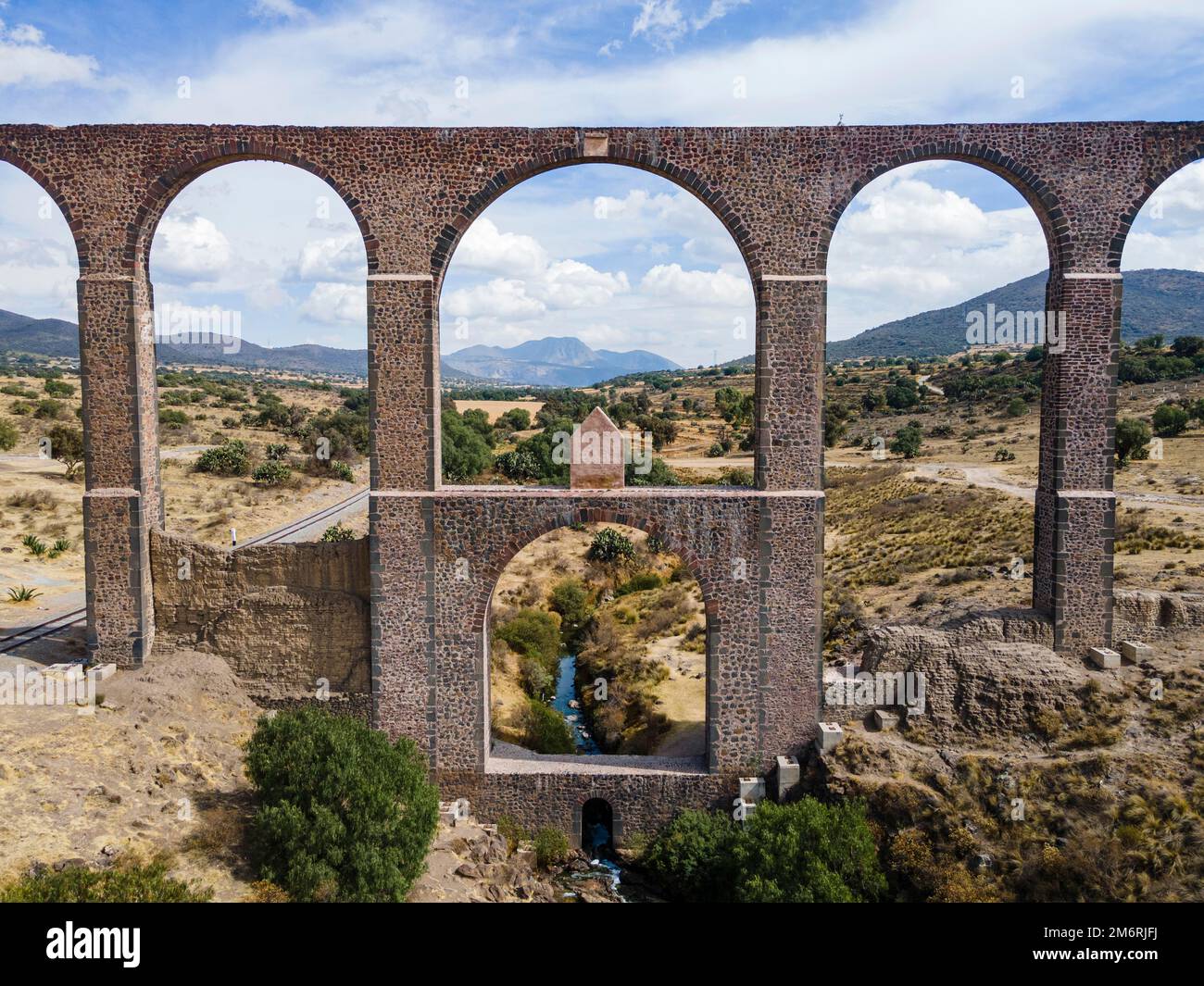 Aerial of the Unesco site, Aqueduct of Padre Tembleque, Mexico state ...