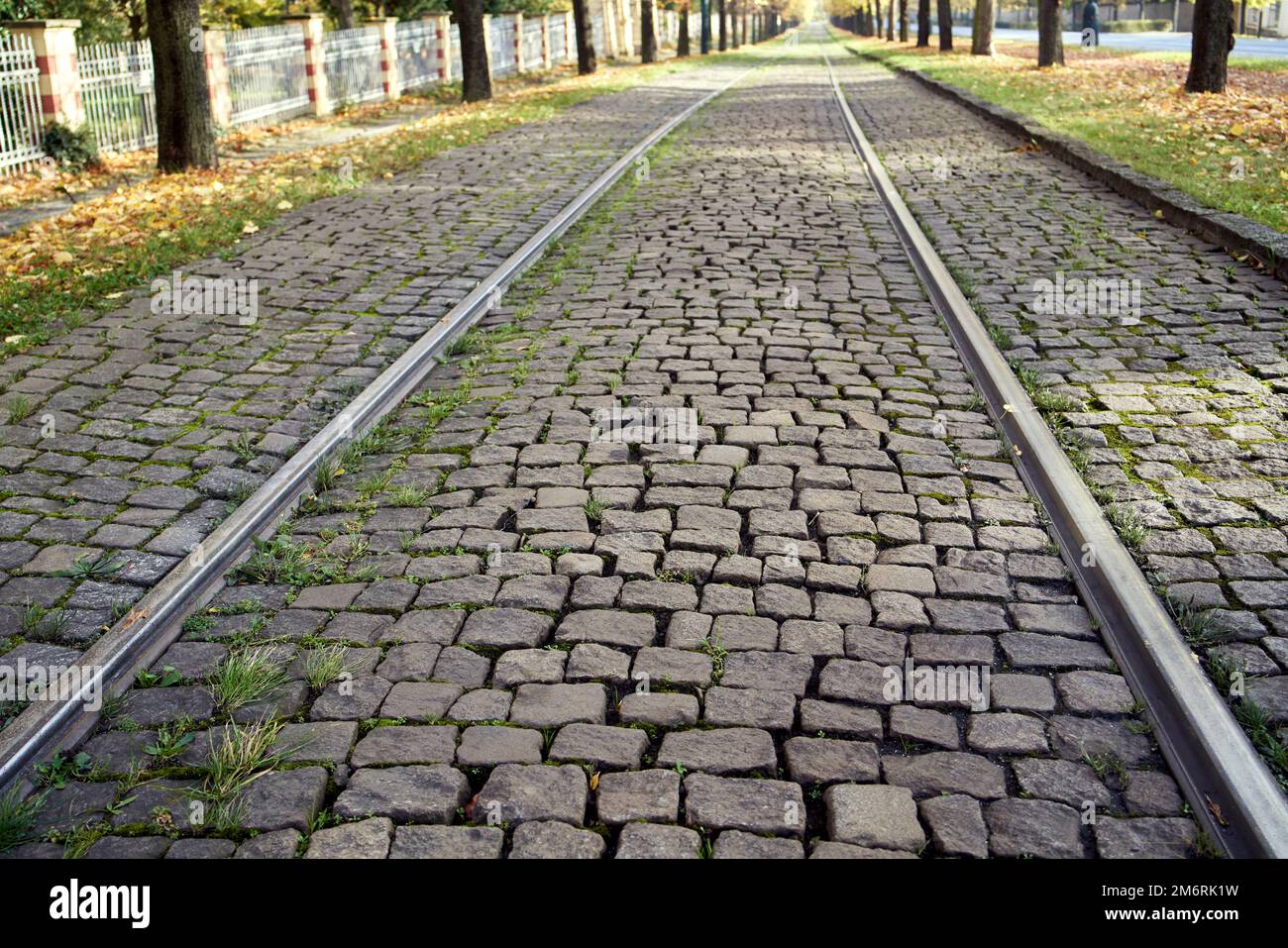 Tram rails leading towards the horizon, with pavement between them ...