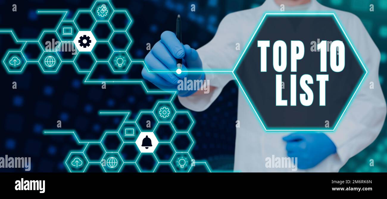 Text caption presenting Top 10 List. Word for the ten most important or ...