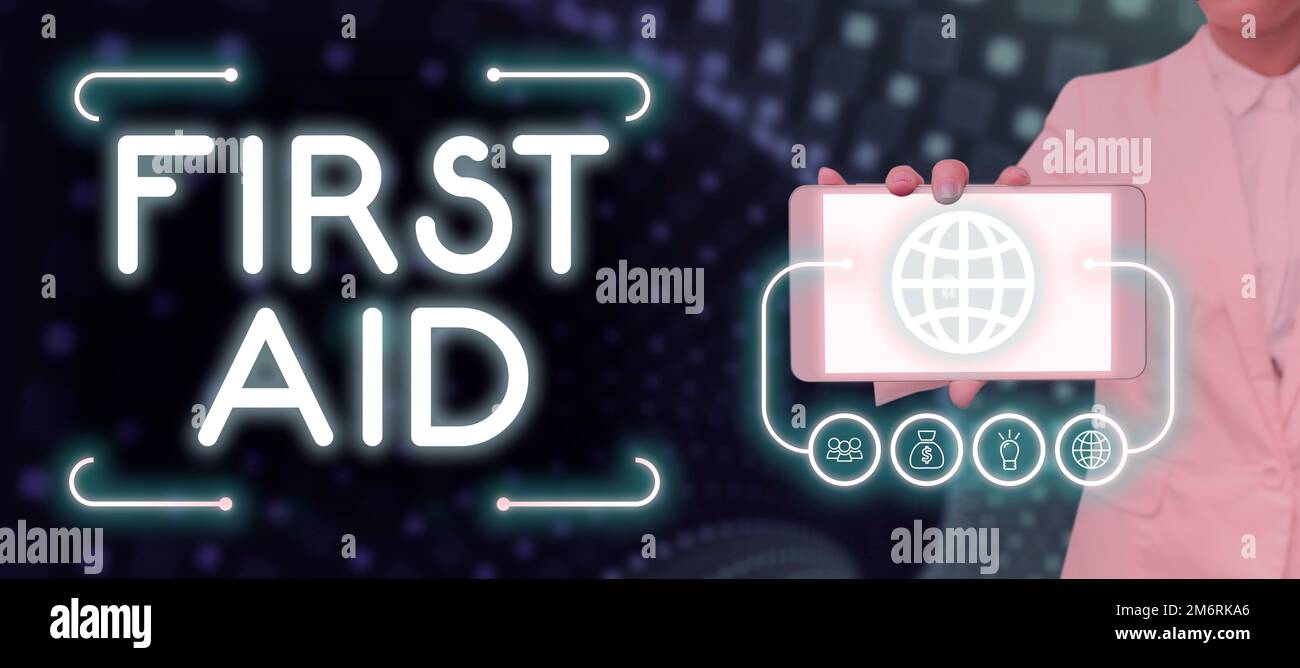 Text showing inspiration First Aid. Business overview Practise of ...