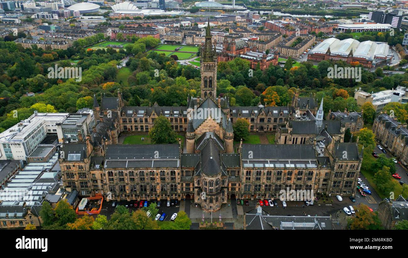 University of Glasgow - historic main building from above - aerial view ...