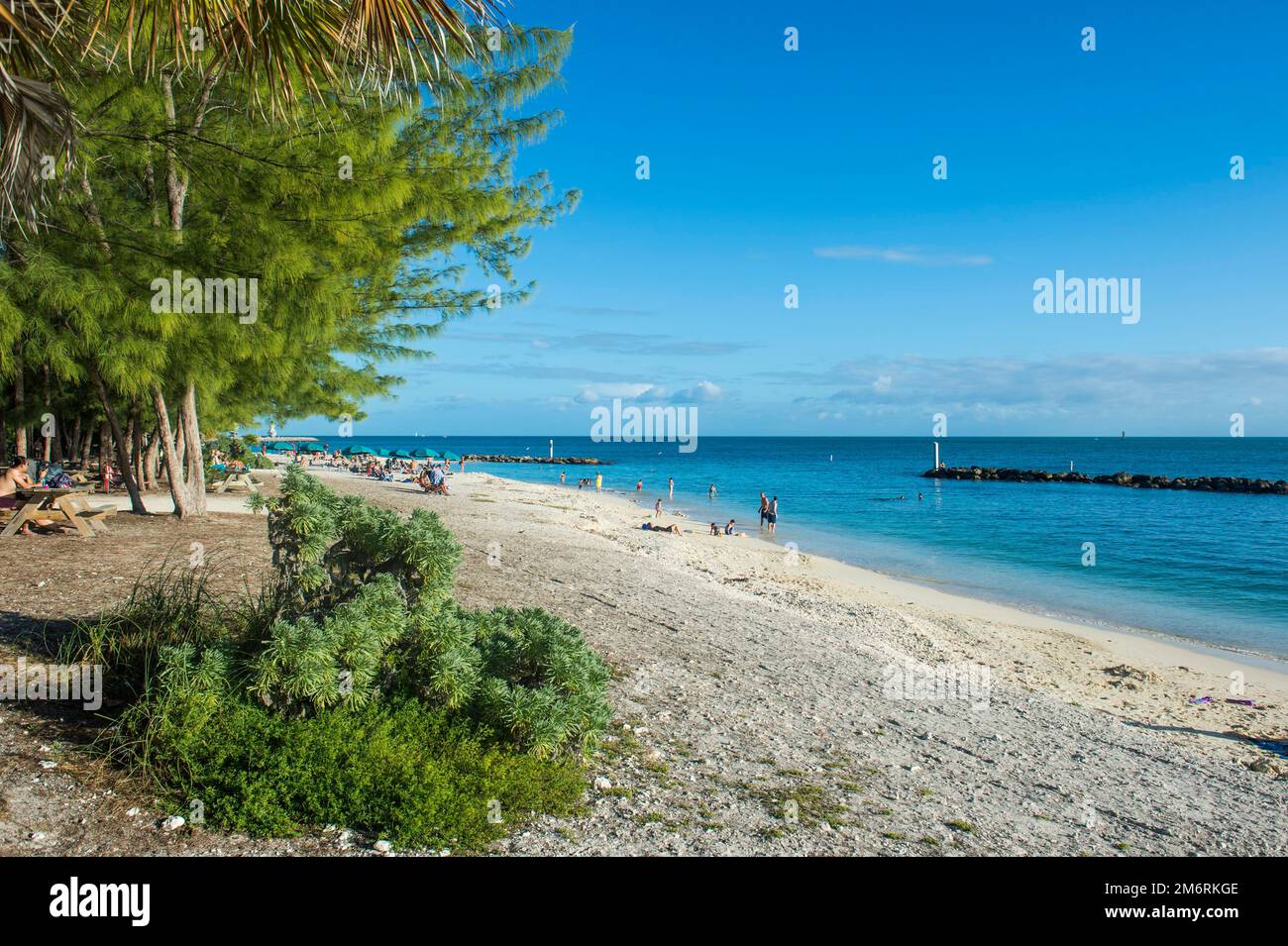 American flag at backlight, Beach in Fort Zachary Taylor historic state ...