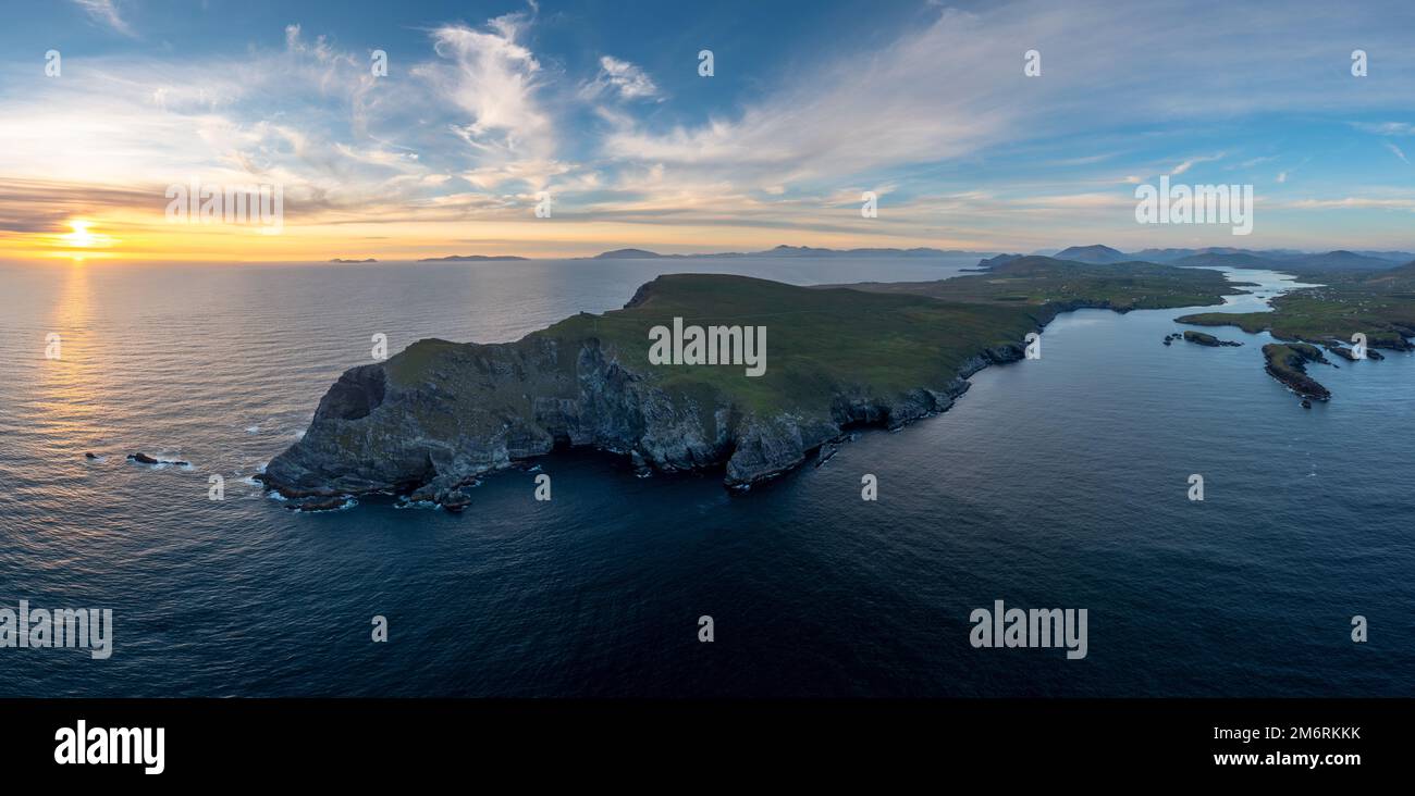 An aerial panorama view of the Bray Head cliffs and headland on ...