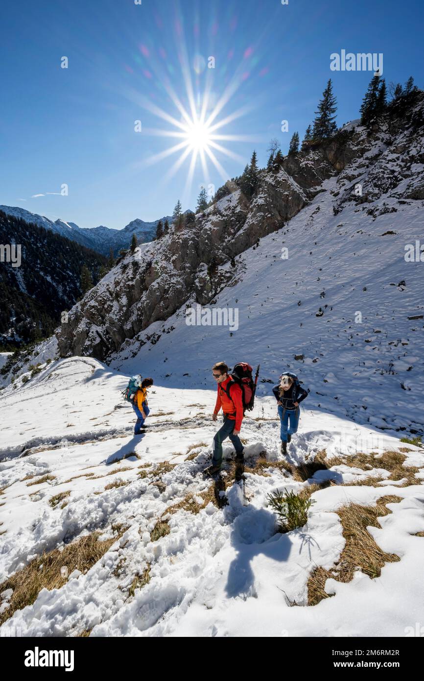 Mountaineer on hiking trail in winter with snow, path to Ammergauer ...