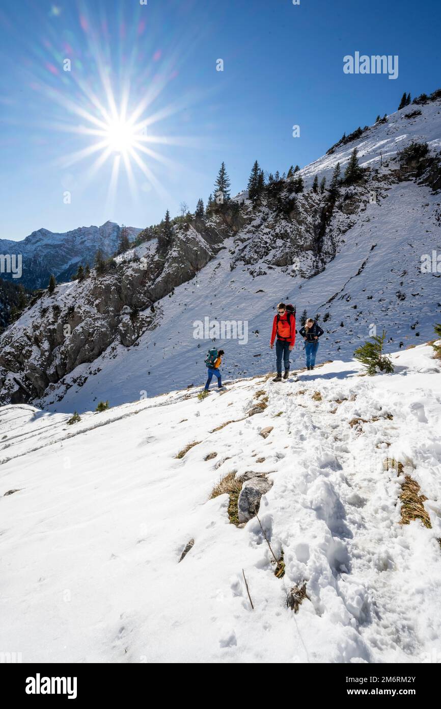 Mountaineer on hiking trail in winter with snow, path to Ammergauer ...