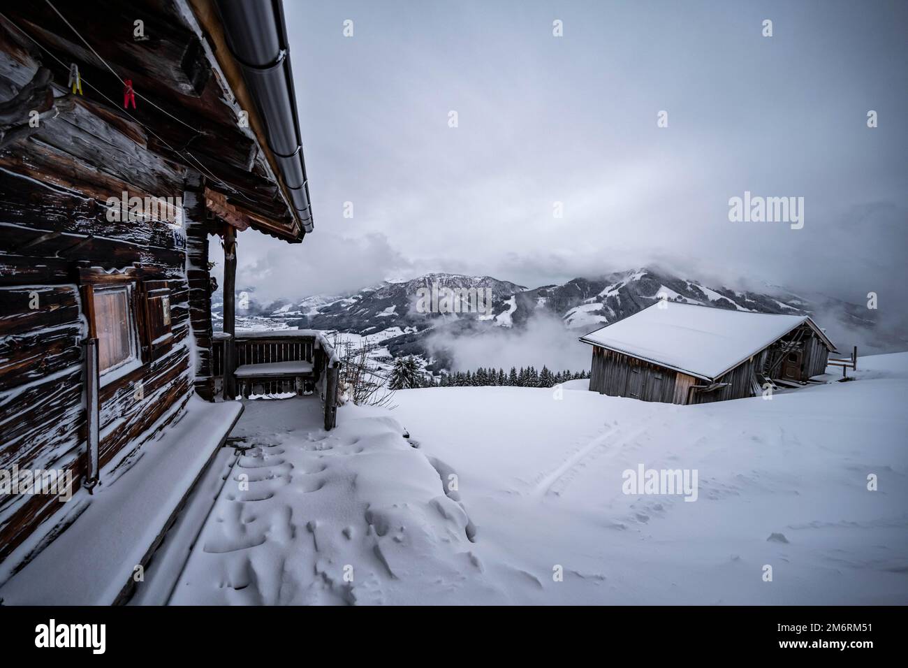 Snowfall, mountain hut in the snow, at the Bixen im Thale ski area ...