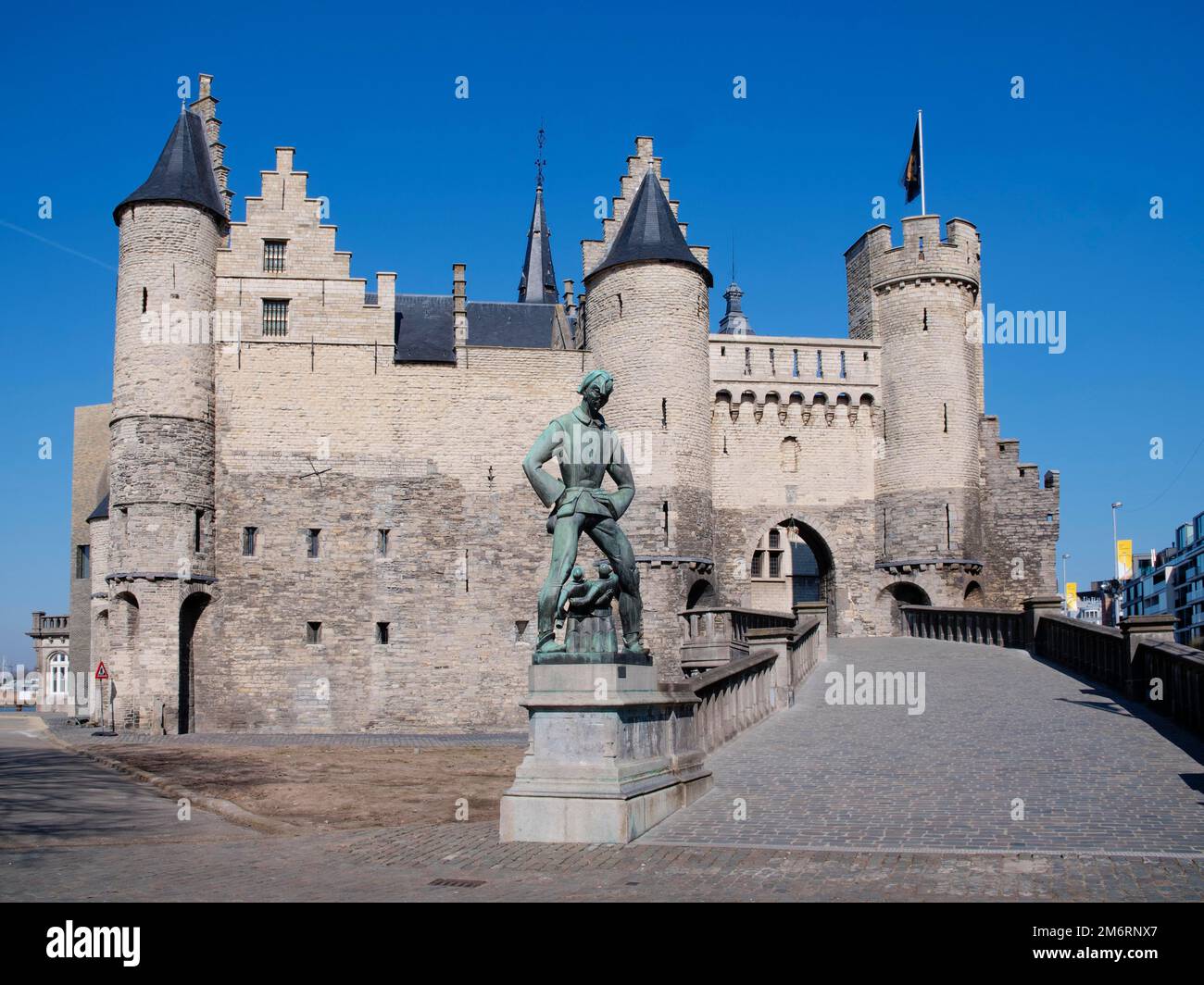 Long Wapper statue, in front of Het Steen Castle, right on the Scheldt ...