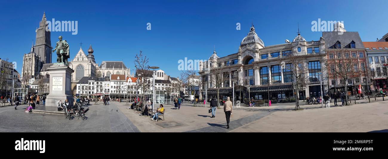Panoramic photo of the Pieter Paul Rubens statue and historic buildings ...
