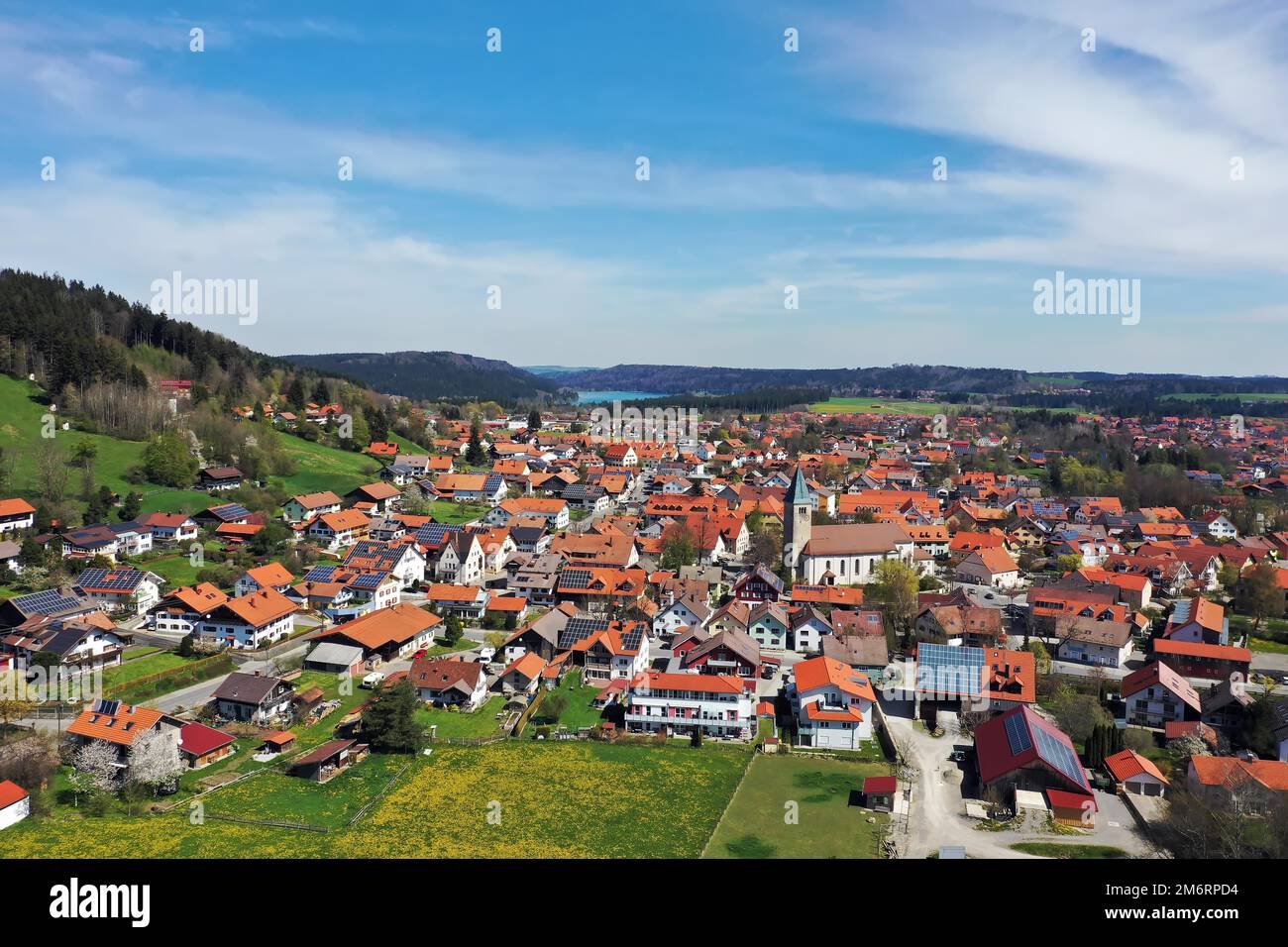 Aerial view of Peiting with the church of St. Michael, Bavaria, Germany ...