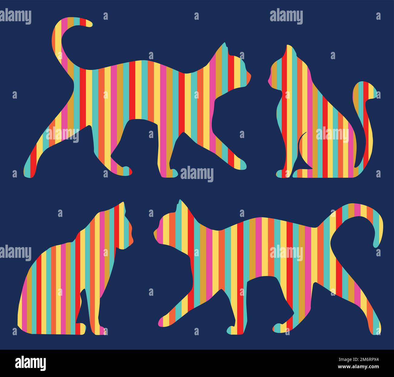 Set of vector rainbow striped stylised cats, sitting and walking ...