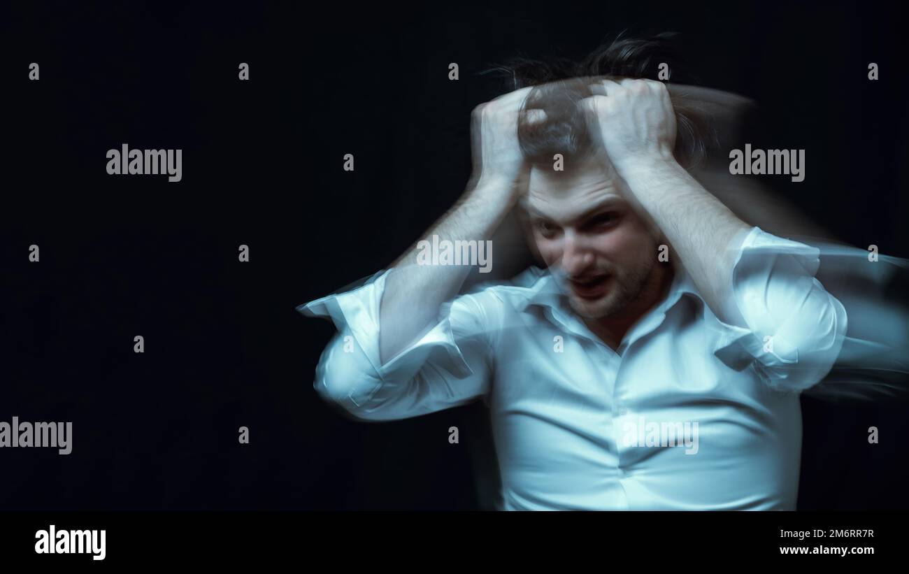 schizophrenic portrait of psychopathic man with mental disorders in ...