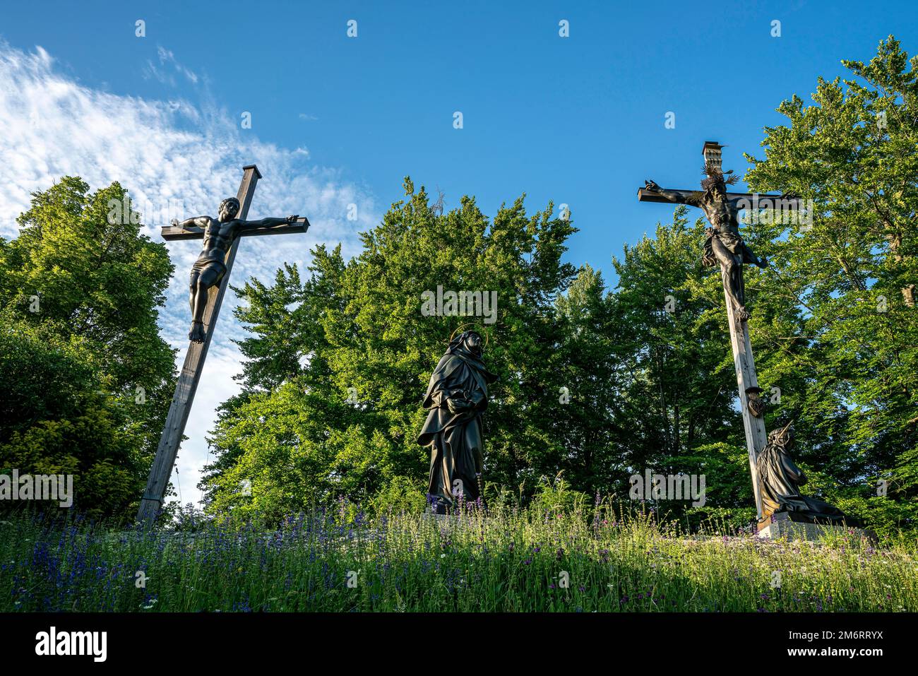 Jesus on the cross and figures of saints at Calvary, Bad Toelz, Bavaria ...