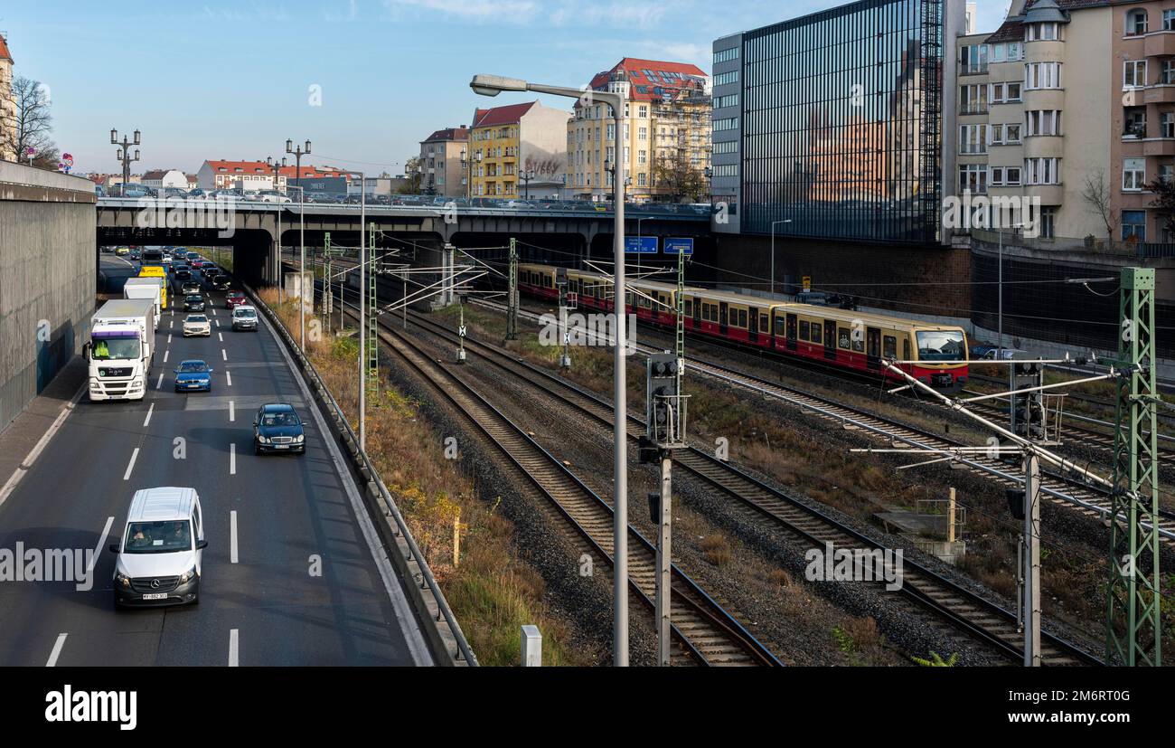 Railway tracks next to the city motorway, Berlin-Westend, Berlin ...